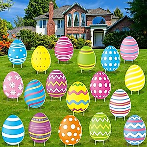 ADXCO 18 Pieces Easter Colorful Eggs Yard Signs with Stakes and String Double-Side Print Outdoor Easter Spotted Eggs Yard Decorations Waterproof Lawn Decorations for Easter Party Supplies
