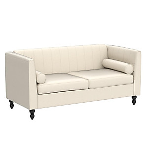 Kingfun 67" Modern Sofa for Living Room, Comfy Loveseat Linen Fabric with 2 Bolster Pillows, Mid Century Modern Couch Small Love Seat for Bedroom with Solid Wooden Frame and Padded Cushion, Beige