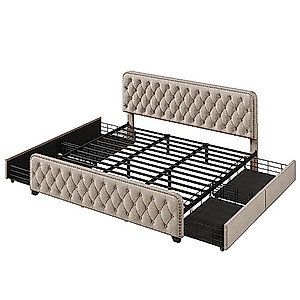 King Size Upholstered Platform Bed Frame with 4 Storage Drawers, Metal Bed Frame with Button Tufted Headboard and Footboard Sturdy Wood Slat Support, No Box Spring Required, Beige (Beige-KZC9A)