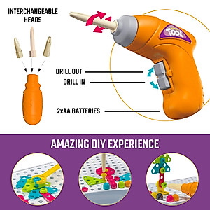 249 PCS STEM Learning Toys – Electric Drill DIY Educational Set, Creative Engineering with Various Shapes and 5 Toy Tools – 2&3D Mosaic Construction Kit for Toddlers, Boys and Girl Ages 3 4 5 6 7 8 9