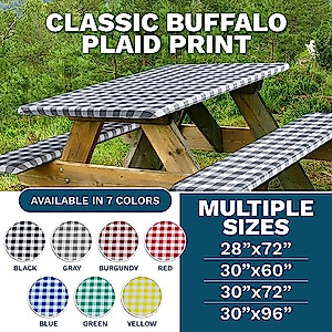Sorfey Picnic Table Cover with Bench Covers -Fitted with Elastic, Vinyl with Flannel Back, Fits for Table 28"x 72" Rectangle,Water Proof, Easy to Clean, Checked Blue Design