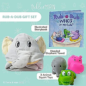 Tickle & Main Rub-a-Dub Gift Set, 5-Piece Bath Set Includes Elephant Hooded Towel, 3 Jungle Safari Squirt Toys, and Book for Boys and Girls!