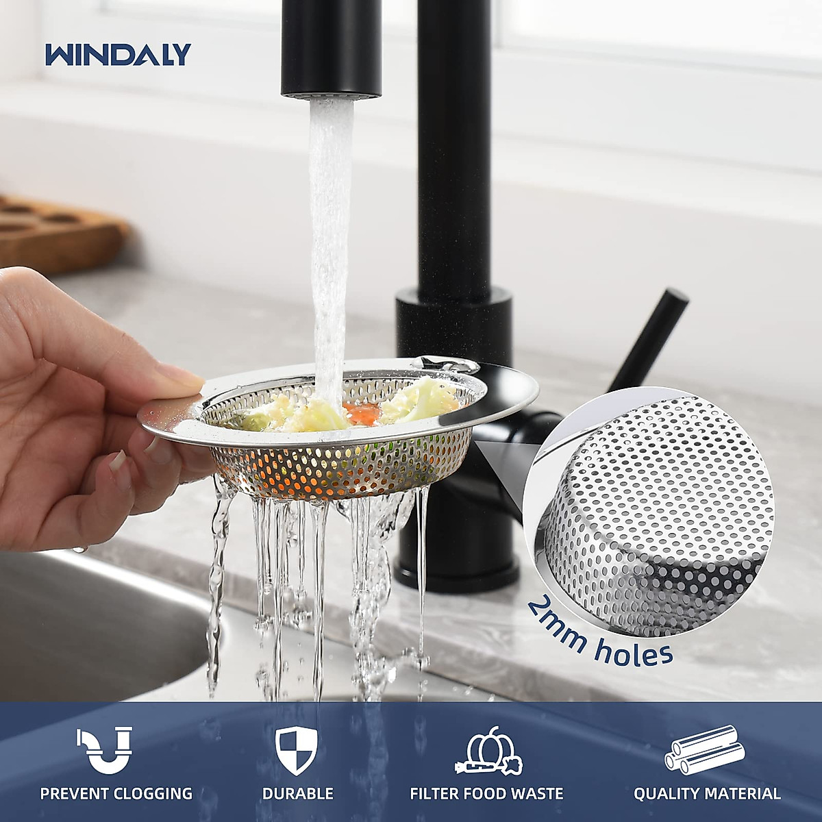 4PCS Kitchen Sink Strainer, WINDALY Stainless Steel Sink Drain Strainer with Large Wide Rim 4.5" Diameter, Sink Filter for Most Standard 3-1/2 Inch Kitchen Drain