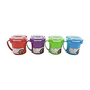 (6 COUNT) KOLORAE 20 OZ SOUP MUG- COLORFUL, MICROWAVE SOUP MUGS WITH LEAK PROOF DESIGN AND SECURE SNAP VENTED LIDS-1 OF EACH COLOR PICTURED, PLUS AN ADDITIONAL BLUE AND GREEN MUG!