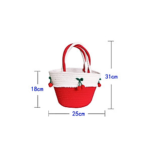LOHGOU Women Girls Handwoven Cotton Handbag Cute Cherry Tote Bag Summer Beach Purse (Red)