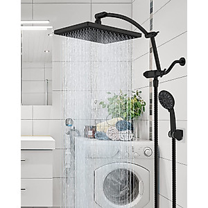 Hibbent Thickness 10'' Rain Shower Head, High Pressure Handheld Spray, Showerhead Combo with 16'' Adjustable Arc Shower Extension Arm, 7 Settings, 71'' Hose, Adhesive Shower Holder, Oil-Rubbed Bronze