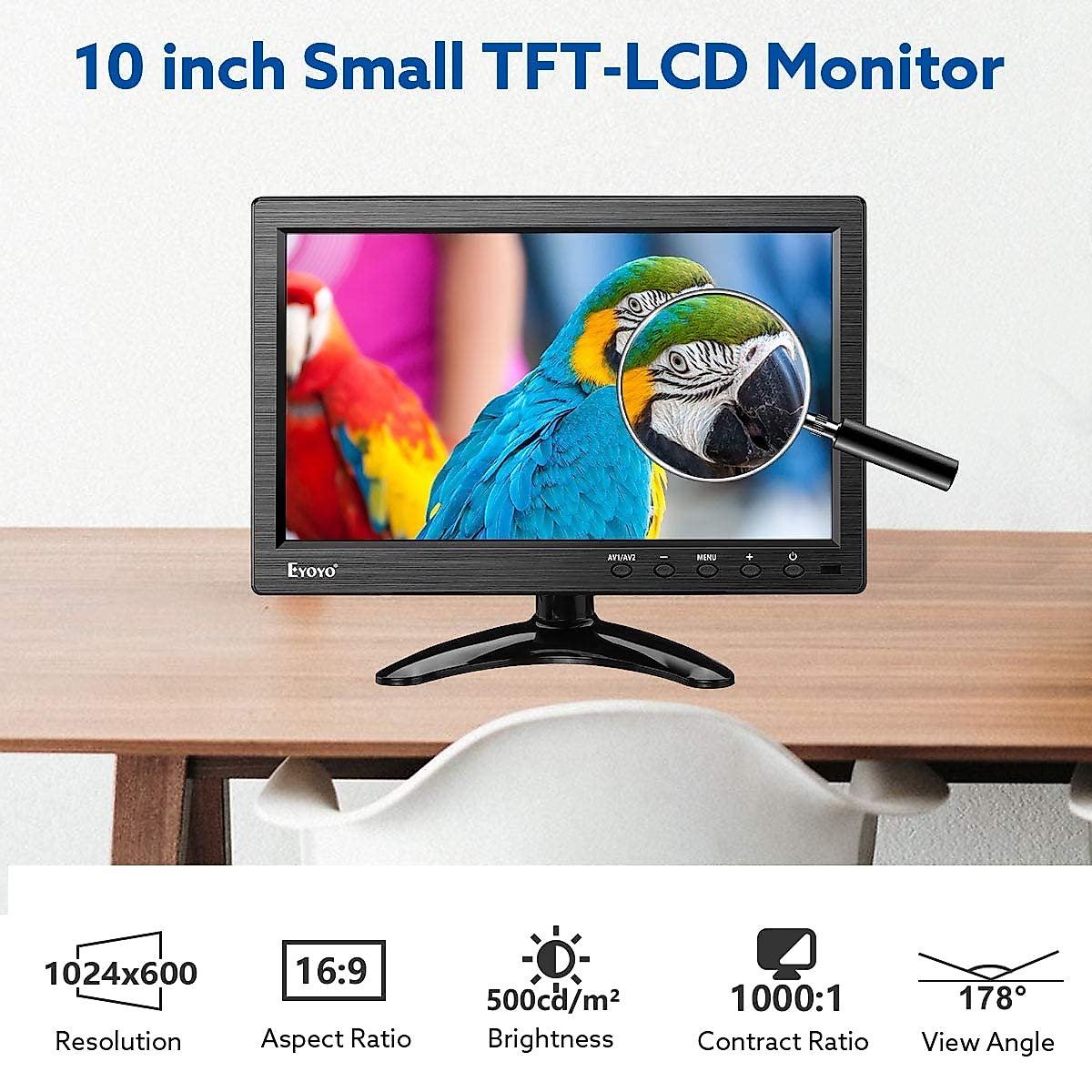 Eyoyo 10 Inch Monitor 1024x600 Small Display HD TFT LCD Display Screen Support AV VGA BNC HDMI Video Input for CCTV DVD PC DVR with Speakers and Remote Control