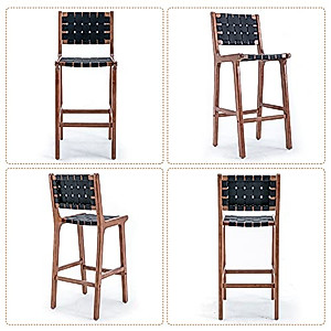 Bonzy Home 28" Woven Bar Stools Set of 2, Faux Leather Kitchen Stool Chairs with Back and Wooden Legs, Comfy Bar Chairs Bar Height Stools for Kitchen Island, Black