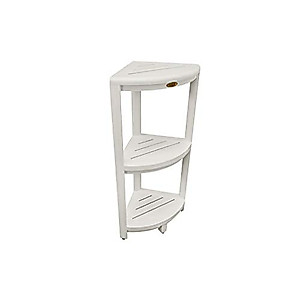 CoastalVogue SnazzyCorner Teak Corner Shower Shelf Wood Corner Shelf 3-Tier Corner Shower Shelf in Antique White Finish – 33 inches Tall