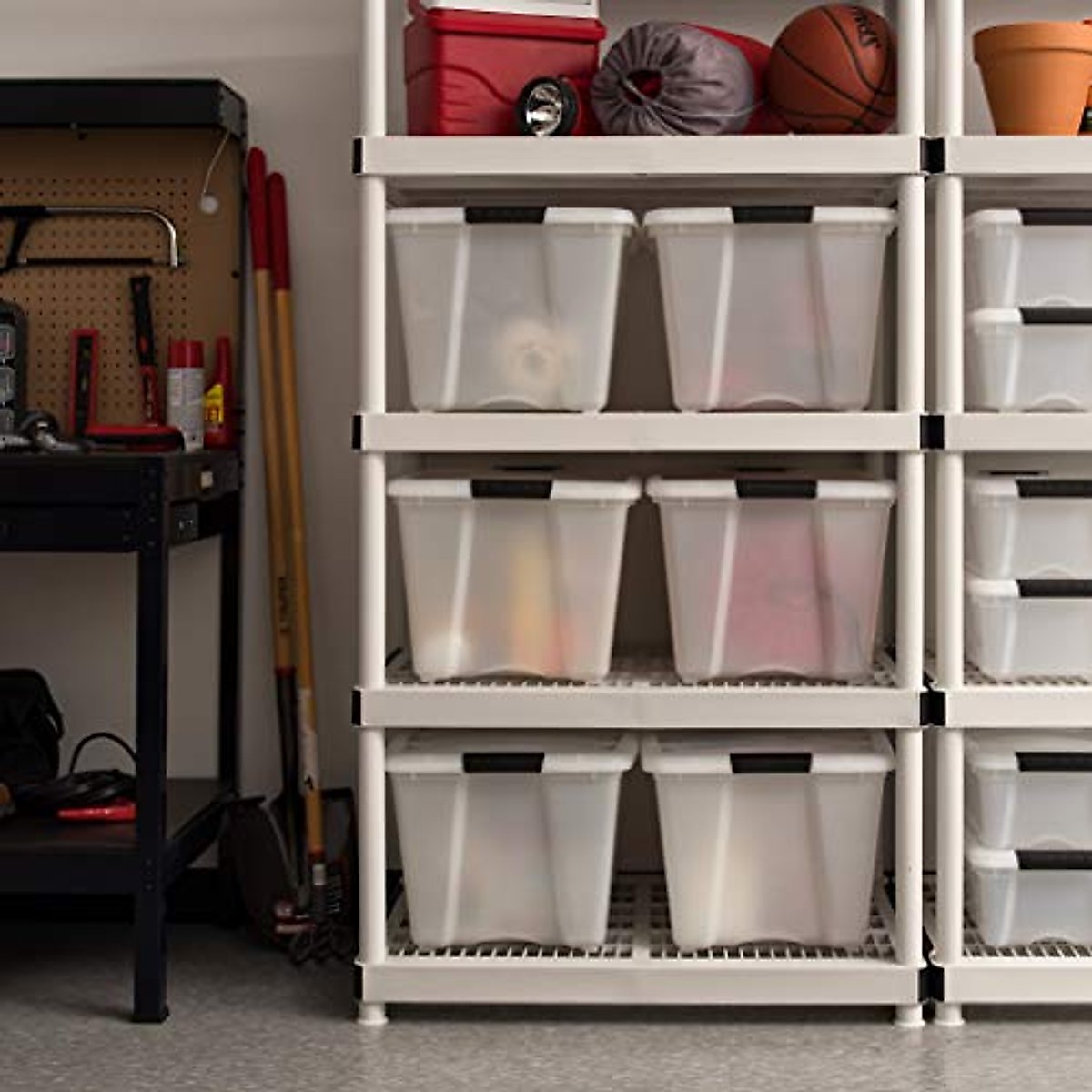 IRIS USA 54 Qt Stackable Plastic Storage Bins with Lids, 6 Pack - BPA-Free, Made in USA - Discreet Organizing Solution, Latches, Durable Nestable Containers, Secure Pull Handle - Pearl