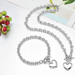 W/W Lifetime Heart Chain Necklace + Heart Bracelet for Women Hearts Pendant Toggle Charm Jewelry Set Stainless Steel