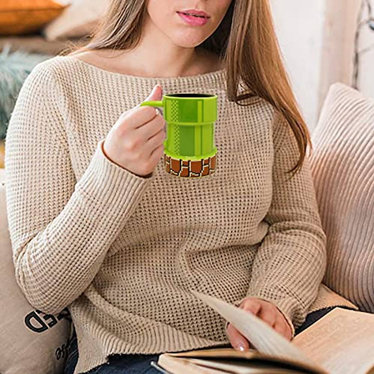 Drtupe Super Mario Warp Pipe Mug Ceramic Coffee Mug Gift for Gamers, Fathers, Coffee Enthusiasts, for Cappuccino, Latte or Hot Tea, 15 Oz, Green