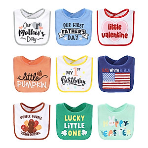 The Peanutshell Holiday Bibs Set, Terry Cloth 9 Pack for Feeding, Teething or Drooling, Baby’s First Year