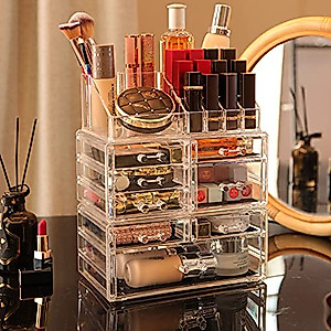 Cq acrylic Makeup Organizer Skin Care Large Clear Cosmetic Display Cases Stackable Storage Box With 8 Drawers For Vanity,Set of 3