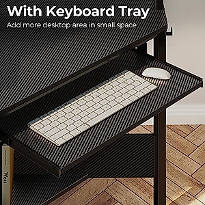 Rolanstar Corner Desk, 44.5" W x 34.5" H Small Carbon Fiber Computer Desk with Power Outlets, LED Lights and Keyboard Tray, Small Office Computer Desk with Monitor Stand for Small Space, Carbon Black