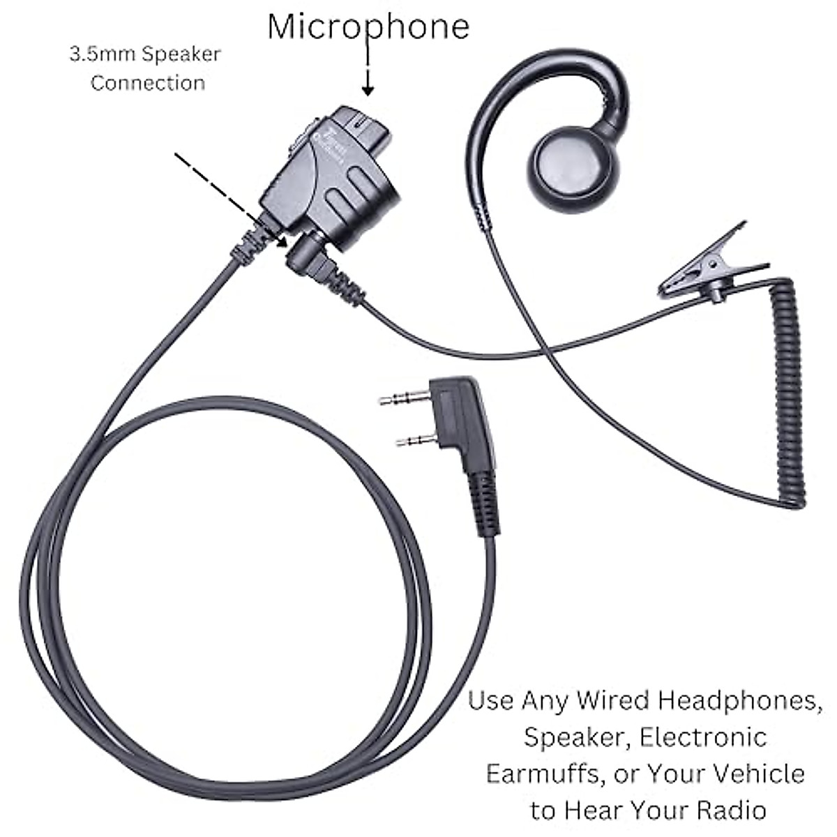 Push-to-Talk 2-Pin K1 Cable with Aux Audio Adapter - PTT Button for BaoFeng and Kenwood Radios - Compatible with 3.5mm Headsets and Auxiliary Inputs, Great with Electronic Earmuffs