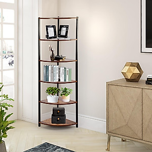 thksbought 6 Tier Corner Shelf,Display Shelf,Ladder Corner Wooden Storage Metal Frame Shelf,Multi-Functional Shelf Unit Wall Corner Shelf for Bedroom,Bathroom and Office Space (1,Dark Brown)