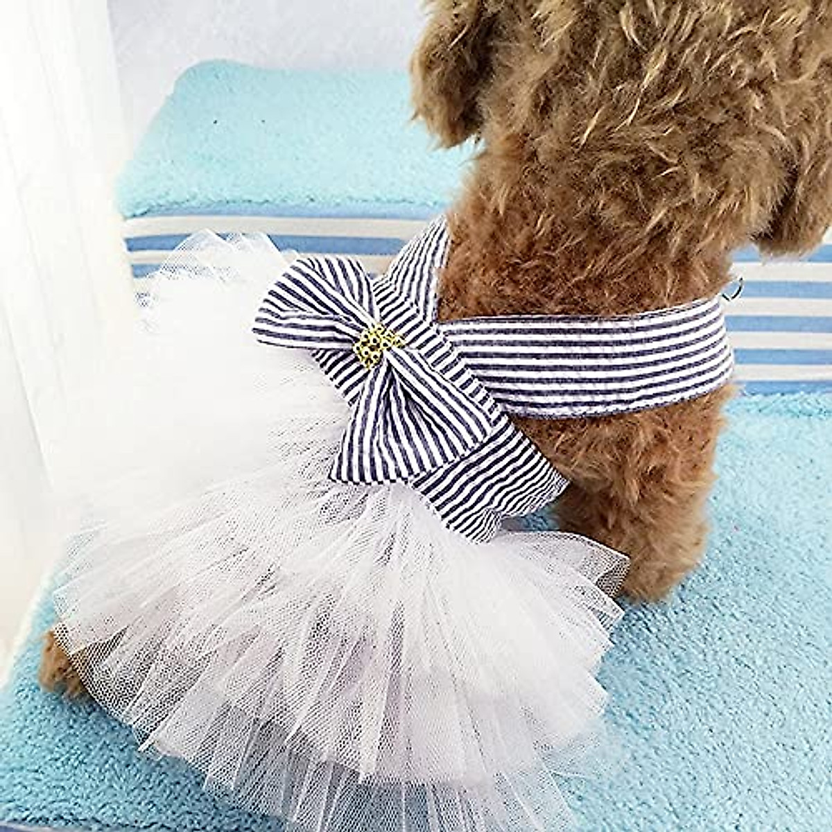 Dog Dresses, Fashion Pet Dog Clothes, Striped Mesh Puppy Dog Princess Dresses (Blue, XX-Large)
