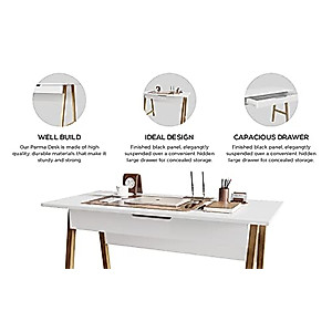 Parma 42 Inch Modern Desk - Home & Office Small Computer Desk with Wide Drawer - Wooden Study Writing Minimalist Desk with Storage for Small Space, Bedroom & Workstations - Student Desk/Table (White)