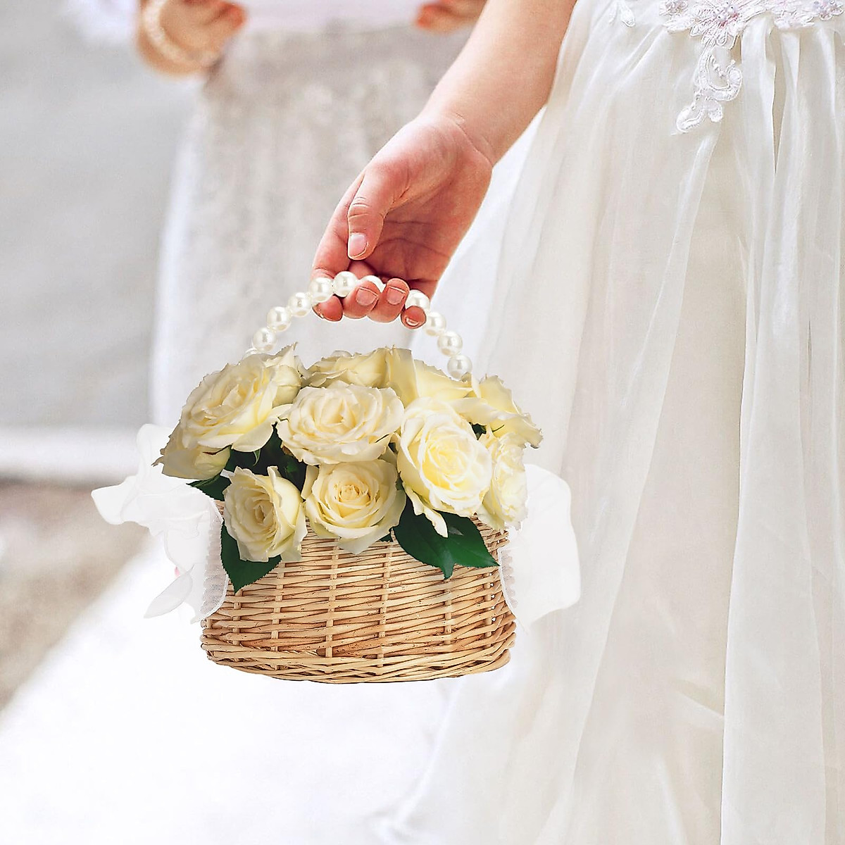 Flower Girl Basket Wicker Rattan Flower Girl Basket Wedding Flower Girl Basket with Pearl Handle and Bows Fairy Flower Basket Rattan Basket for Weddings Bridal Anniversary Party Decor(Brown)