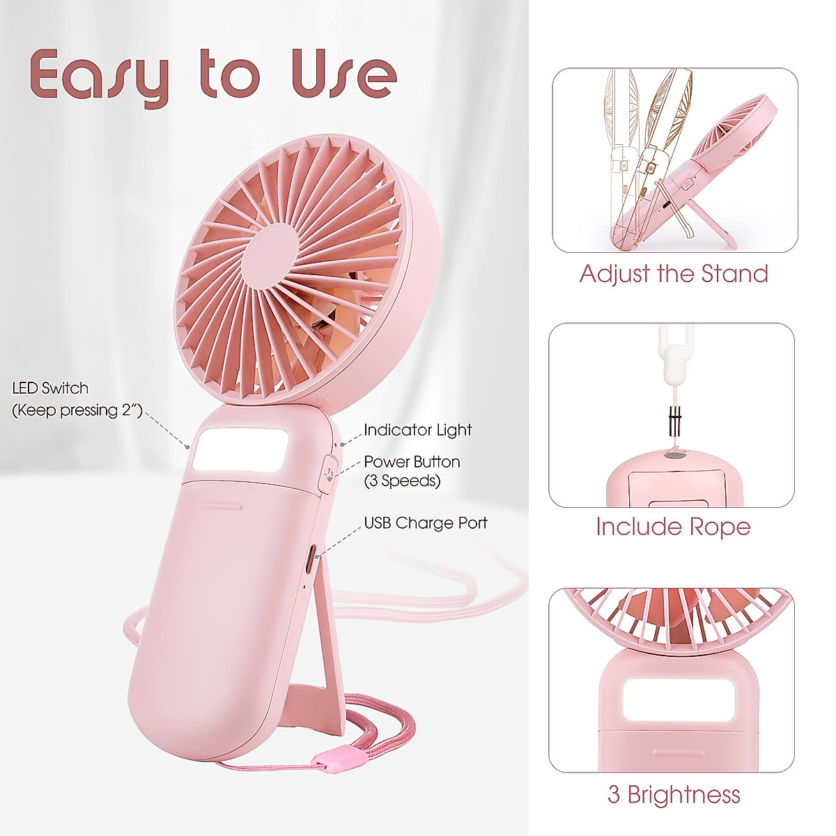 decorneo Portable Handheld Fan with Makeup Lights, Mini Fan Rechargeable Quiet 3 Speed Necklace Fan, USB Desk Fan with Stand,Small Hand Held Fan, Gift for Women Travel Outdoor Indoor - Pink