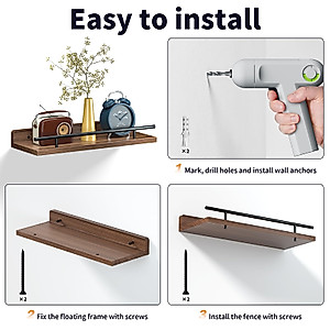 Rustic Floating Shelves for Wall, 15.6in Wall Shelves for Room Wall, Wall Mounted Shelves with Black Metal Guardrail, Wood Shelves for Bedroom, Bathroom Wall shelf for Wall Decor, Dark Brown, Set of 3