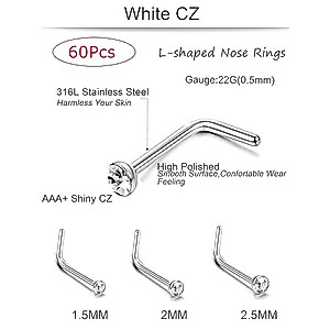 Jstyle 60Pcs L Nose Piercing Studs Jewelry for Women Stainless Steel Body Ear Piercing 22G 1.5mm 2mm 2.5mm