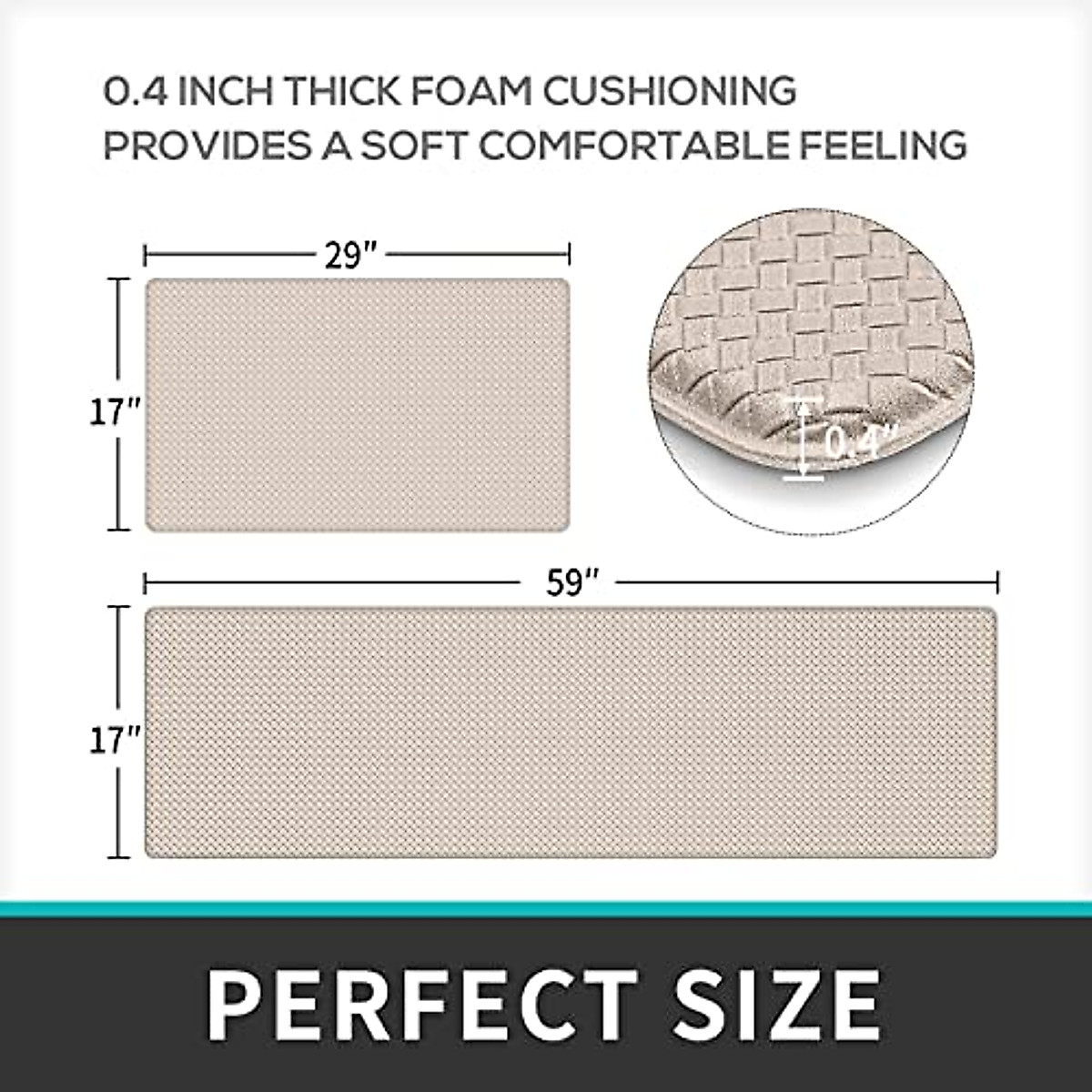 DEXI Kitchen Rugs and Mats Cushioned Anti Fatigue Comfort Mat Non Slip Standing Rug 2 Pieces Set 17"x29"+17"x59",Beige White