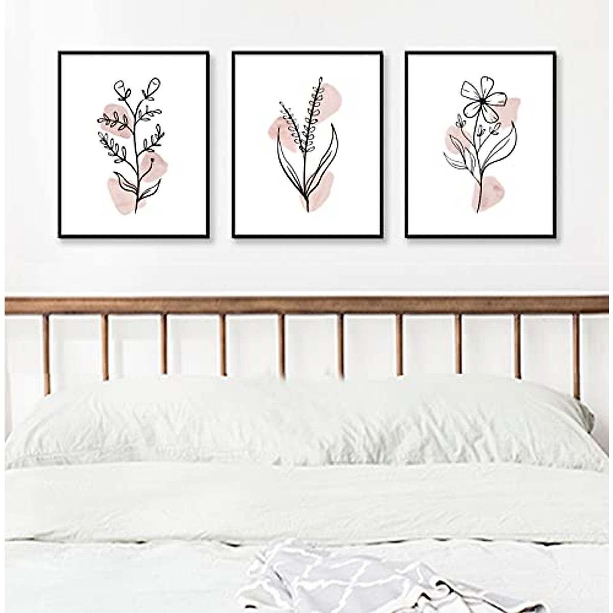 Boho Botanical Prints, Set of 3, Gallery Wall Art, Blush Pink Wild Flowers, Abstract Black Line, Floral Home Decor, Flower Print Set, Floral Line Art, 11x14inch Unframed