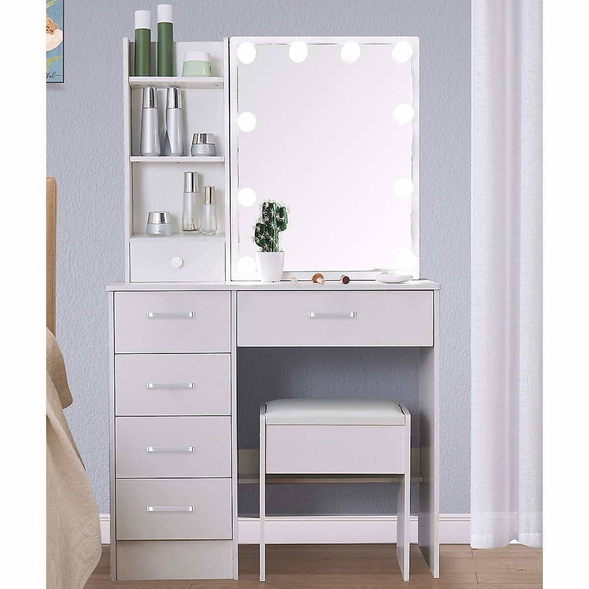 White Vanity Desk with Mirror and Lights, Makeup Vanity Desk with 5 Drawers of Storage, Bedroom Makeup Dressing Table with Stool, White (JTO-07)