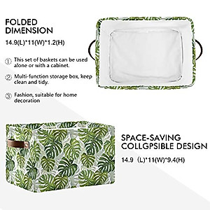 senya Large Foldable Storage Basket, Tropical Pattern Green Leaves Fabric Storage Bin Organizer Bag with Handles 15 x 11 x 9.5 inch