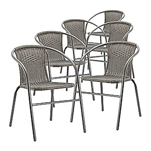 Pack of 6 Gray Wicker Rattan Indoor-Outdoor Dining Chairs | Patio Dining Chairs | Outdoor Restaurant Stackable Chairs. Deck Chairs (6)
