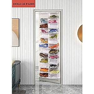 kamuavni Over the Door Shoe Shelves with 26 Clear PVC Pockets Hanging Shoe Rack for Door, Shoe Organizer for Closet, Shoe Holder Storage Organizer Hold 26 Pair Shoes (White)