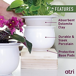 African Violet Pots Ceramic 6.5”W x 4.6”H Self Watering Planter for Indoor Flowers and Plants – White Glazed Outer Plant Pot with Highly Absorbent Inner Planter Pot for Tropical Plants