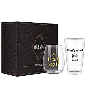 I Said Yes That’s What She Said Stemless Wine Glass and Beer Glass Combo, Good Engagement Gifts Unique Gifts for Couples Him Her Newlyweds Valentine’s Day Bridal Shower Wedding Gift, Set of 2