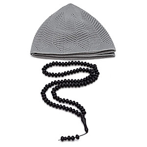 Modefa Turkish Islamic Velvet Prayer Rug - Thin & Lightweight Praying Carpet - Muslim Janamaz Sajadah for Men & Women - Ramadan or Eid Gift - Kufi Cap & Beads - Floral Daisy Arch (Navy Blue)