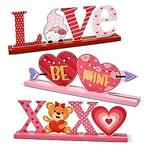 3 Valentines Day Wooden Table Decorations Valentine Centerpiece Pink Heart Love Tabletop Sign Valentine's Gift & Romantic Party Decor for Fireplace Mantle Shelf Office Desk Dining Room Kitchen & Home