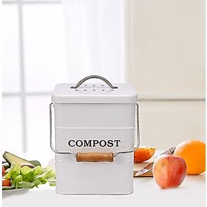 Compost Bin Kitchen Countertop Indoor Compost Pail Bucket, Great for Food Scraps, Carbon Steel, Handles, White, 1 Gallon - Includes Charcoal Filter