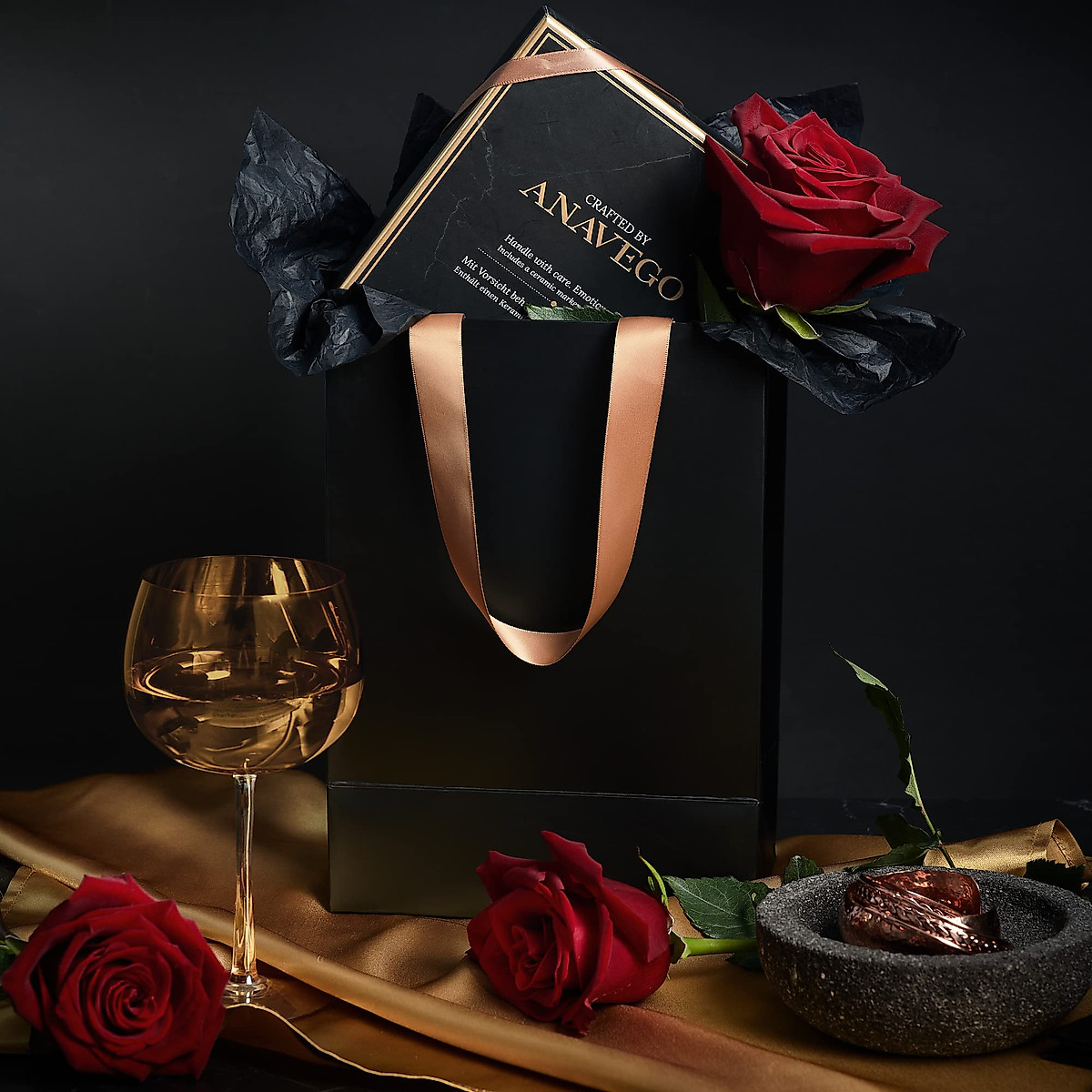 Anavego 6 First-Class Black Gift Bags with Metallic Markers for Personalization & Tissue Paper. Medium Size 8x10″. Matte & Sturdy. Handles from Gold Satin. Birthday Bags Set for Women & Men