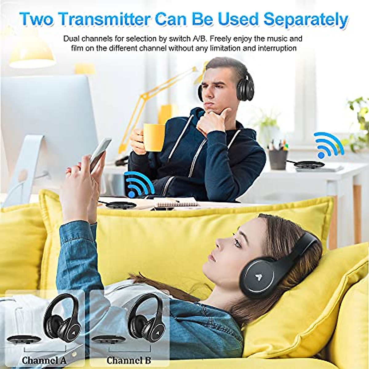 Wireless Headphones for TV Watching, Folding Over Ear Headphones with 2.4GHz RF Transmitter Support Optical RCA AUX, No Audio Delay, 100ft Wireless Range (Blackness)