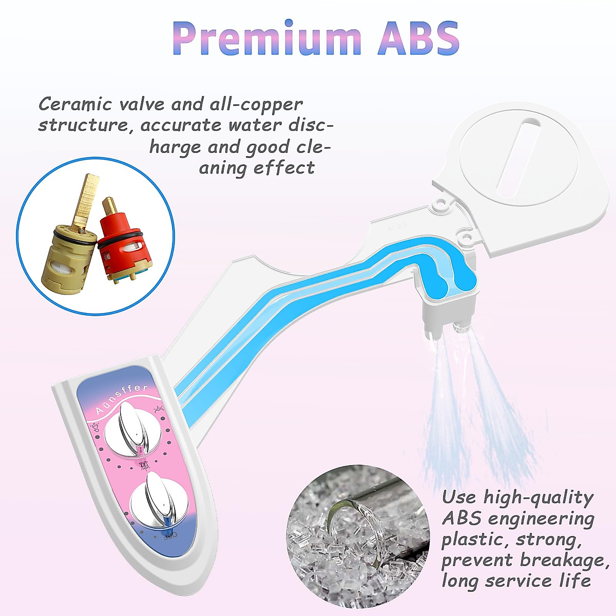 Aünsffer Toilet Bidet Attachment for Toilet, No-Electric Fresh Cold Water with Dual Nozzles Sprayer, 3 Wash Modes (Feminine/Bidet Wash + Self-Cleaning)，Fits Standard Toilet Bowl, Blue Pink