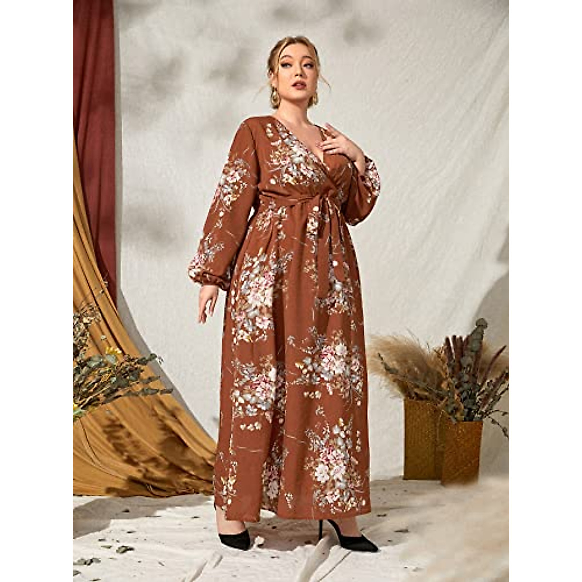 WDIRARA Women's Plus Size Floral Print V Neck Belted Bishop Long Sleeve Dress Brown 3XL