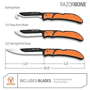 OUTDOOR EDGE RazorBone Replaceable Blade Folding Hunting Knife with Clip & Sheath. 3 Butcher Knife Blade Styles - Boning, Gutting, & Skinning Knives. Blaze Orange, Camo Sheath, 6 Blades & Blade Box