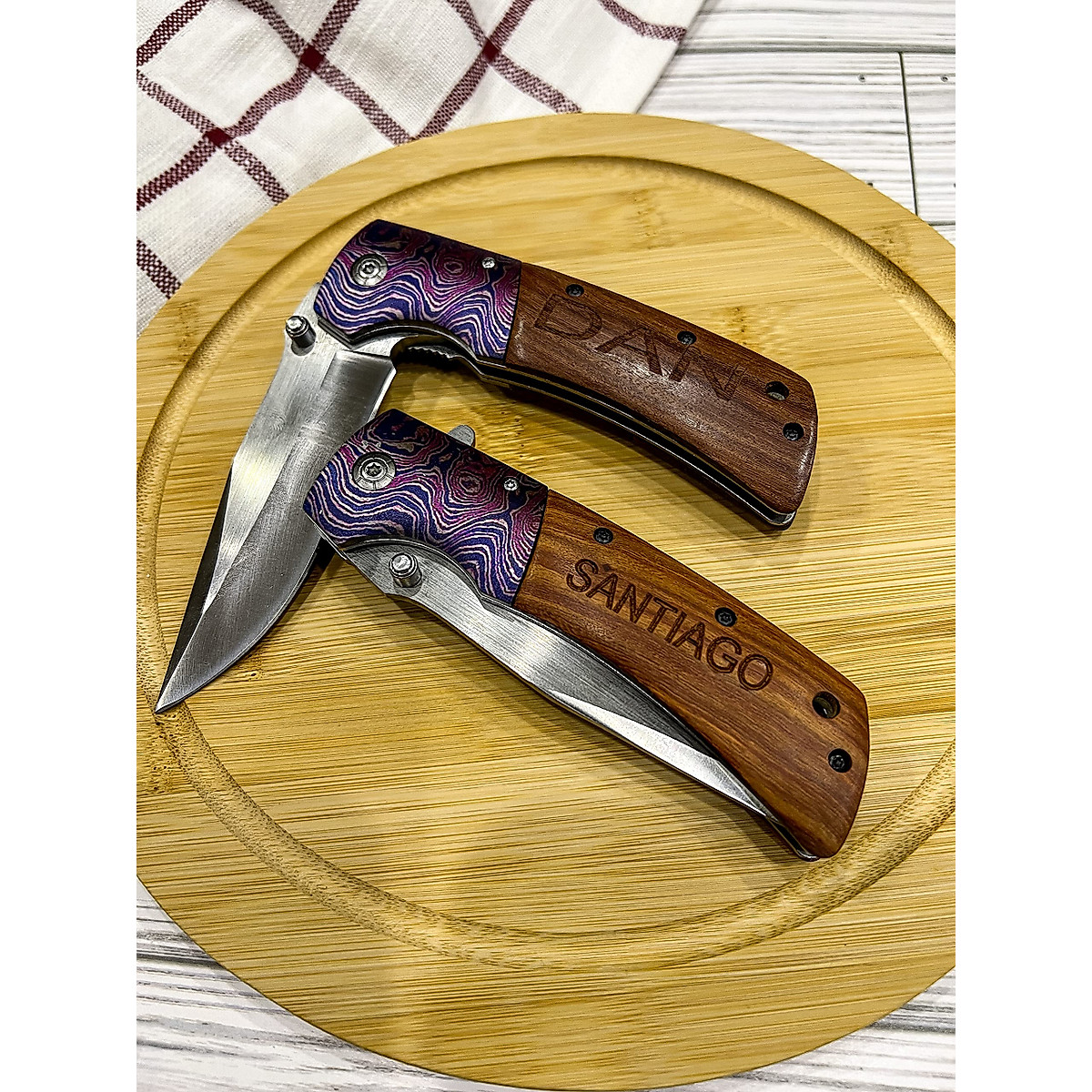 Gifts for Men - Custom Engraved Pocket Knife - Fishing Camping Hunting Personalized Gift Sturdy Wooden Handle & Sharp Thick Blade, Perfect for Dad Boyfriend Groomsmen Husband Son Father's Day Anniversary Birthday Valentines & More (Knife Engraved)