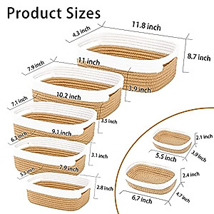 HLWDFLZ 7 Piece Cotton Rope Woven Basket Set - Woven Storage Basket Pets Toy Cotton Rope Basket for Organizing, Small Basket for Montessori, Dog Cat Toy Box, Baby Nursery (White/Jute)