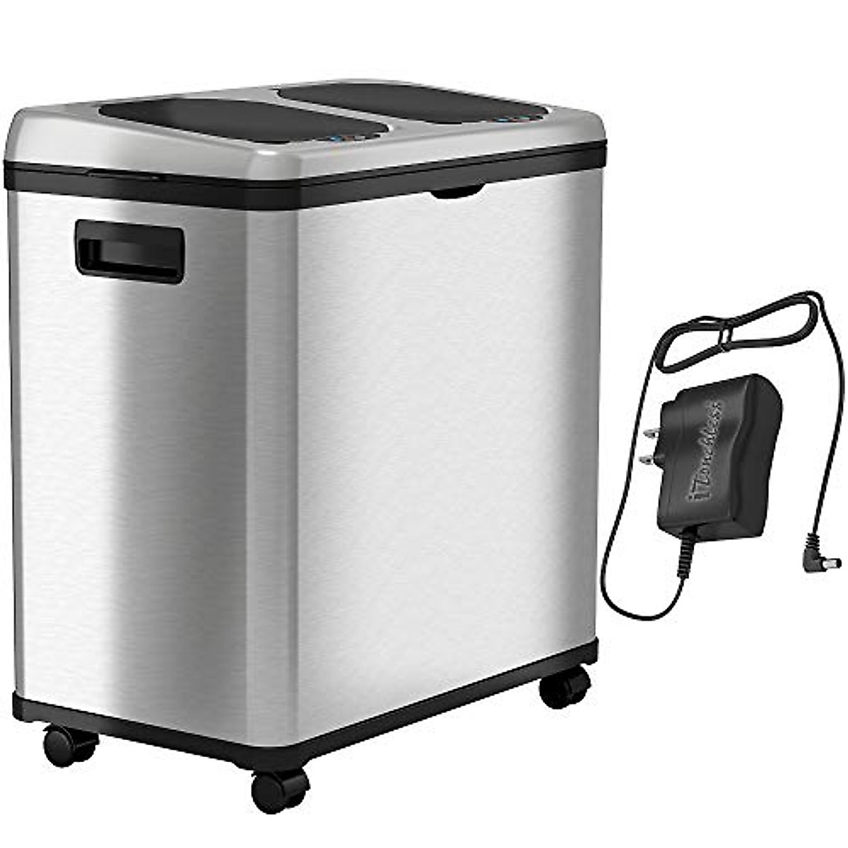 iTouchless 16 Gallon Touchless Trash Can and Recycle Bin Combo Unit with AC Adapter, Stainless Steel Automatic Sensor Kitchen Garbage Receptacle, 2 X 8 Gallon Removable Buckets with Handles