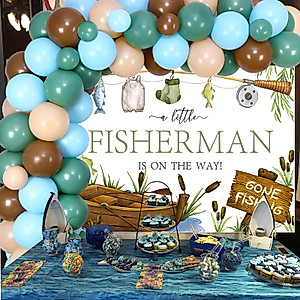 kreat4joy Fishing Baby Shower Decorations for Boy, Gone Fishing Baby Shower Decorations, Blue Green Brown Balloon Arch with a Little Fisherman Is On The Way Backdrop for Fish Outdoor Adventure Camping