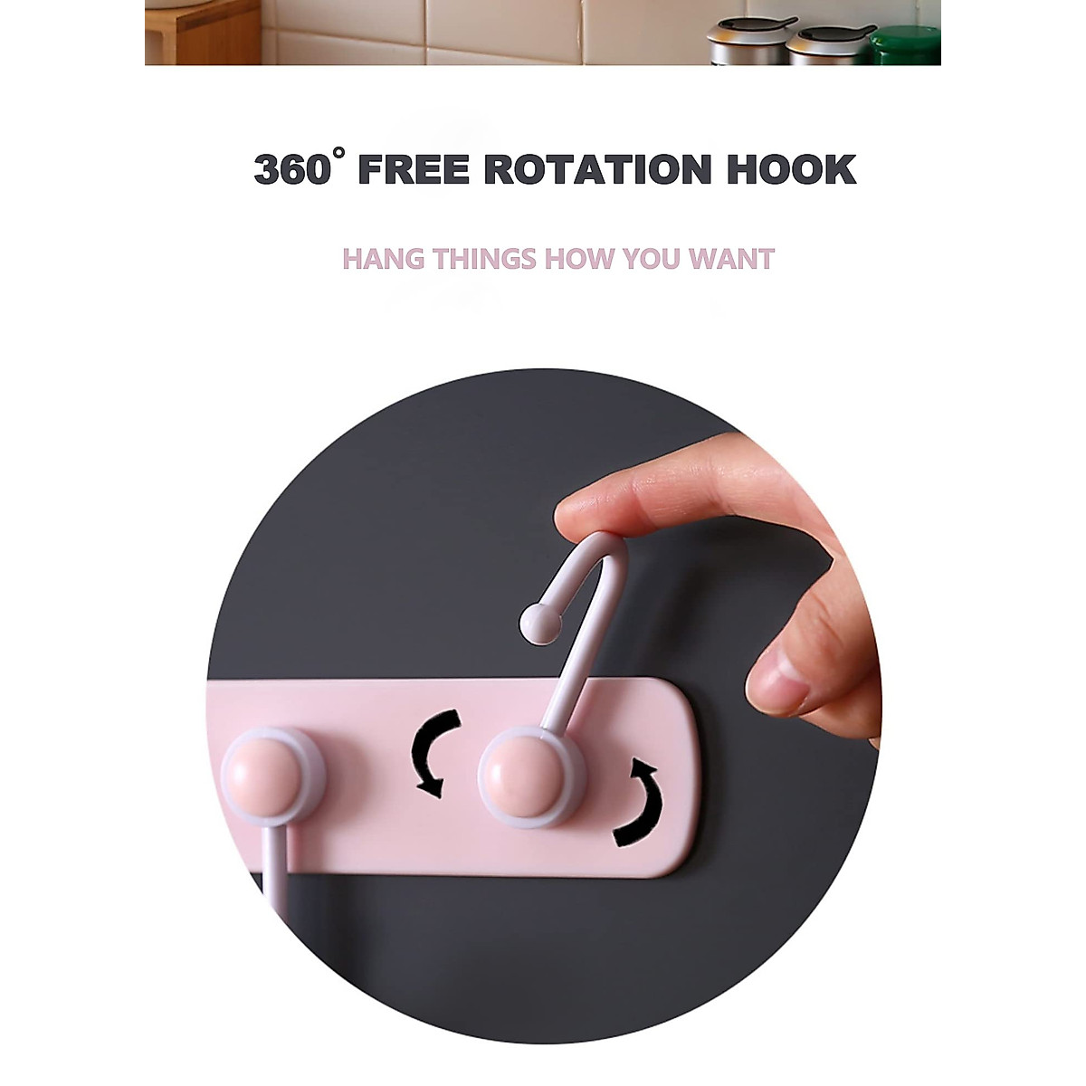 Adhesive Wall Hooks with 6 Rotating Hooks, Pink Rack Wall Hooks for Hats and Coats, Perfect for Hanging Kitchen Utensils and Towels in Kitchen and Kids Bedroom(1PACK)