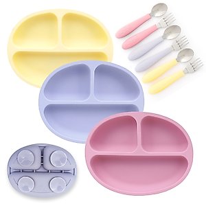 Elk and Friends Silicone Suction Plate for Babies/Toddlers + Stainless Steel Silverware Feeding Set | Divided Plate | Suction Design | Forks + Spoons Included | 3 Pack