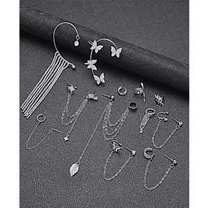 Tornito 17Pcs Ear Cuffs Chain Earrings Snake Butterfly Leaf Non Piercing Clip on Earring Fake Helix Cartilage Earrings Ear Clip Jewelry Silver Tone